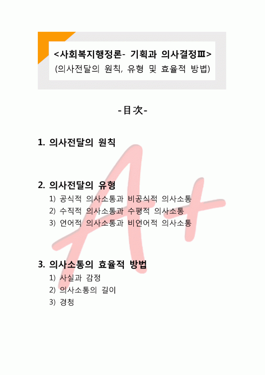 <,시험대비> [사회복지행정론] 사회복지행정론 기획과 의사결정3- 의사전달의 원칙, 유형 및 효율적 방법