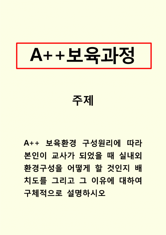 보육과정_보육환경 구성원리에 따라 본인이 교사가 되었을 때 실내외 환경구성을 어떻게 할 것인지 배치도를 그리고 그 이유에 대하여 구체적으로 설명하시오