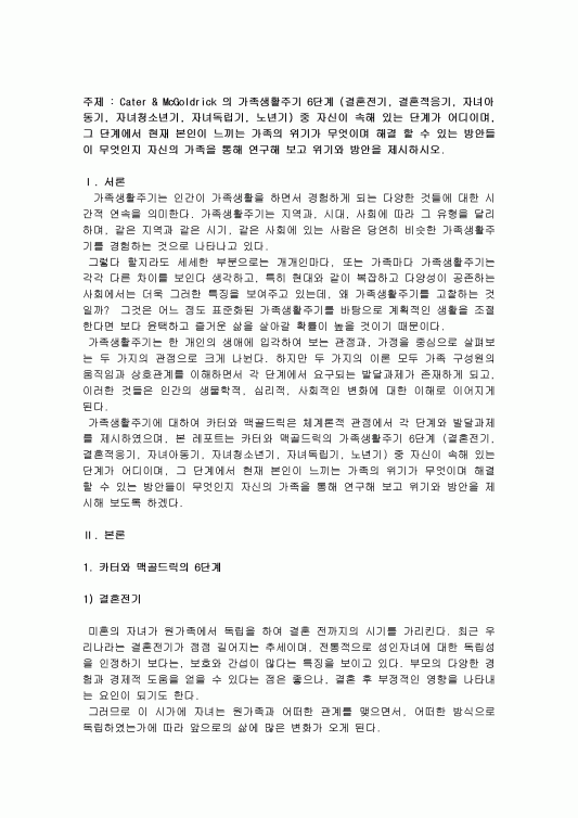 ater & McGoldrick 의 가족생활주기 6단계 (결혼전기, 결혼적응기, 자녀아
