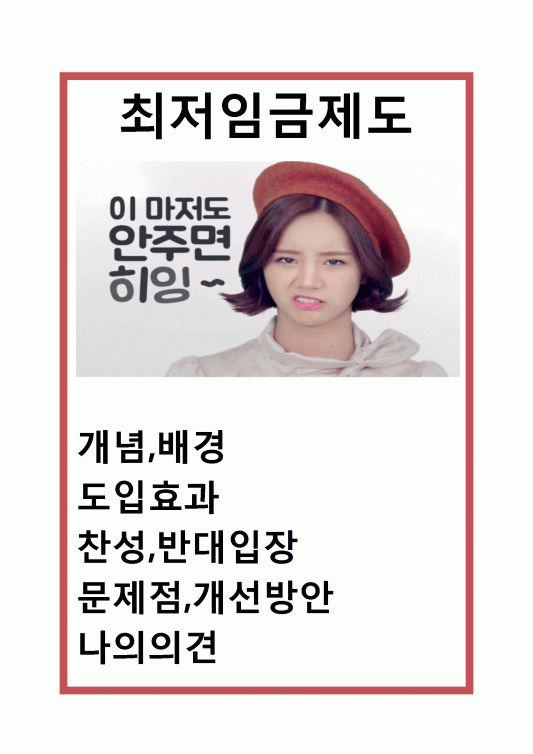 [최저임금제도 연구레포트] 최저임금제도 찬성,반대입장 정리및 문제점및 개선방안,나의의견제시와 최저임금제 개념,배경,도입효과분석