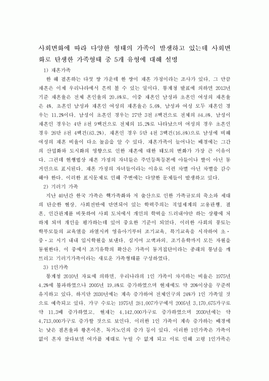 사회변화에 따라 다양한 형태의 가족이 발생하고 있는데 사회변화로 탄생한 가족형태 중 5개 유형에 대해 설명