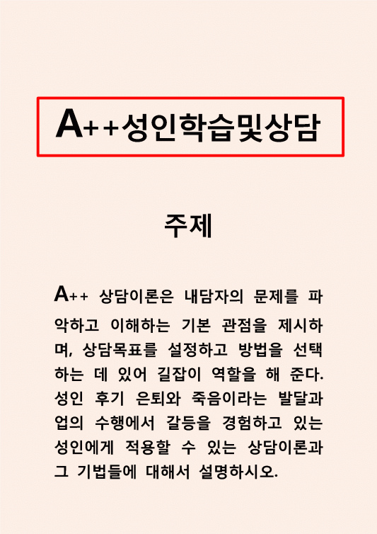 성인학습및상담-상담이론은 내담자의 문제를 파악하고 이해하는 기본 관점을 제시하며, 상담목표를 설정하고 방법을 선택하는 데 있어 길잡이 역할을 해 준다. 성인 후기 은퇴와 죽음이라는 발달과업의 수행에서 갈
