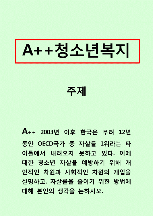청소년복지-2003년이후 한국은 무려 12년동안 OECD국가중 자살률 1위라는 타이틀에서 내려오지 못하고 있다.이에 대한 청소년 자살을 예방하기 위해 개인적인 차원과 사회적인 차원의 개입을 설명하고,자살률을 줄이