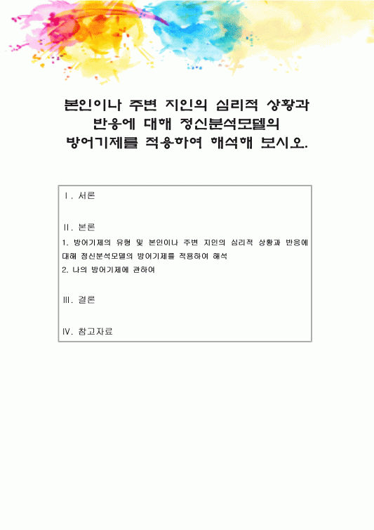본인이나 주변 지인의 심리적 상황과 반응에 대해 정신분석모델의 방어기제를 적용하여 해석해 보시오
