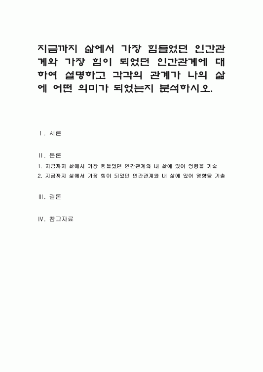 [사회과학] 지금까지 삶에서 가장 힘들었던 인간관계와 가장 힘이 되었던 인간관계에 대하여 설명하고 각각의 관계가 나의 삶에 어떤 의미가 되었는지 분석하시오
