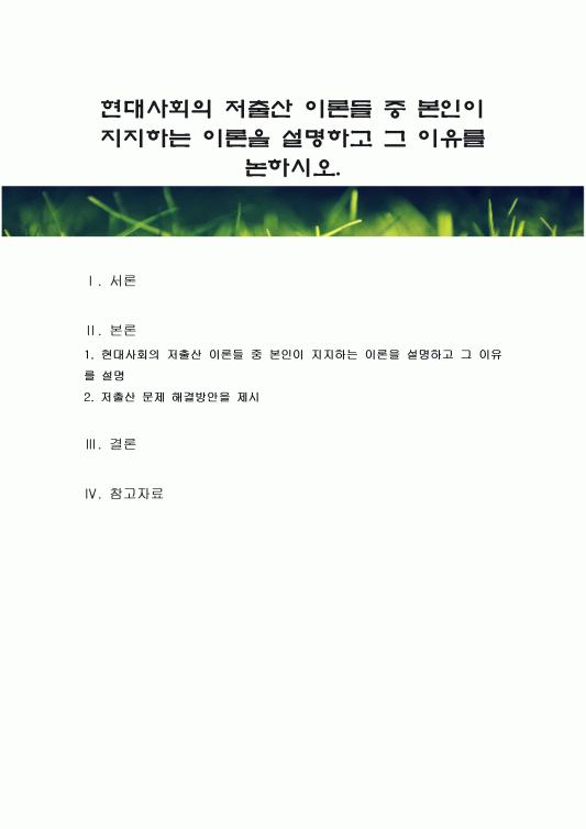 현대사회의 저출산 이론들 중 본인이 지지하는 이론을 설명하고 그 이유를 논하시오