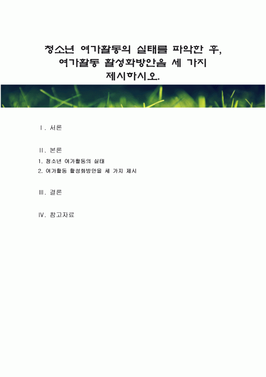 [사회과학] 청소년 여가활동의 실태를 파악한 후, 여가활동 활성화방안을 세 가지 제시하시오