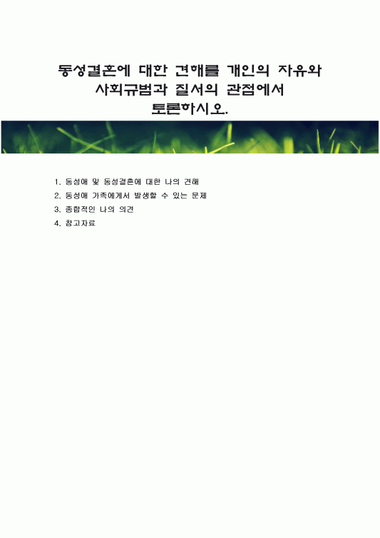 동성결혼에 대한 견해를 개인의 자유와 사회규범과 질서의 관점에서 토론하시오