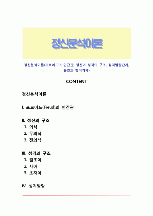정신분석이론(프로이드의 인간관, 정신과 성격의 구조, 성격발달단계, 불안과 방어기제)