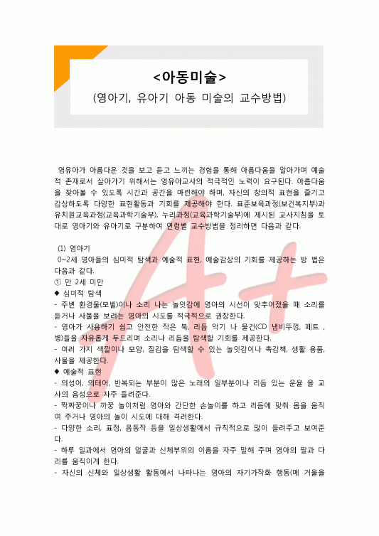 (시험대비) [아동미술] 영아기, 유아기 아동 미술의 교수방법