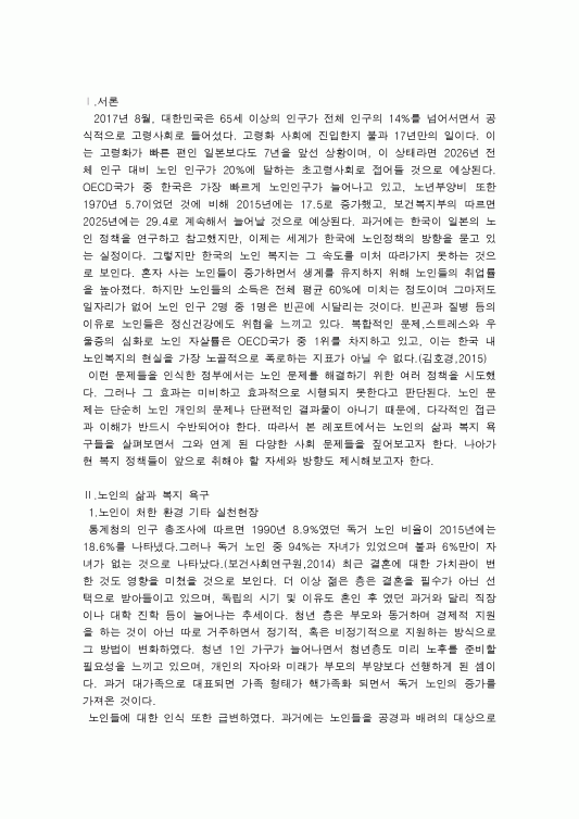 노인의 삶과 관련한 네 가지 복지욕구를 기술하고 예비사회복지사의 관점에서 21세기 노인복지실천에서 강화되어야 할 복지욕구와 이유를 제시하시오.