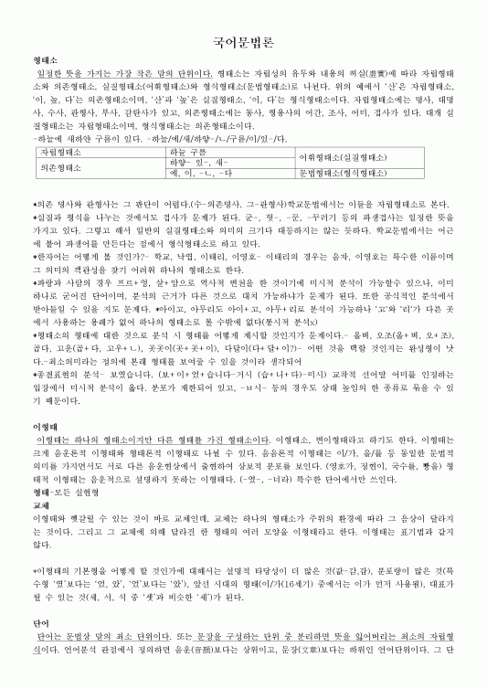 국어문법론정리(형태소, 픔사, 단어형성, 문장의 짜임, 높임법, 종결법, 사동법, 피동, 부정법, 지시문)