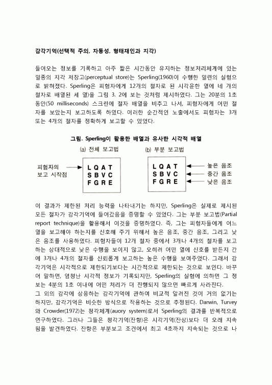 감각기억(선택적 주의, 자동성, 형태재인과 지각)