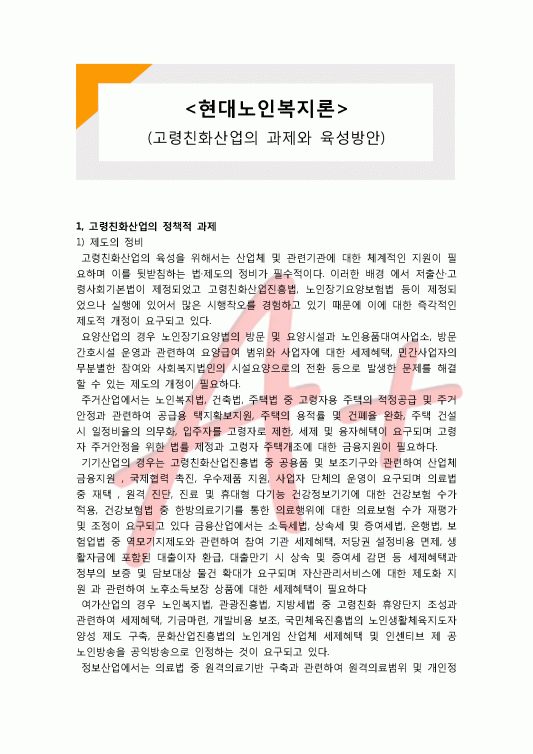 (시험대비) [현대노인복지론] 고령친화산업의 과제와 육성방안