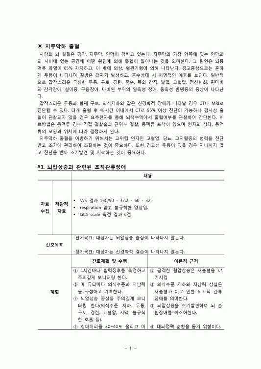 지주막하출혈 간호과정 자료, 간호진단 3개 및 이론적근거有,표지有