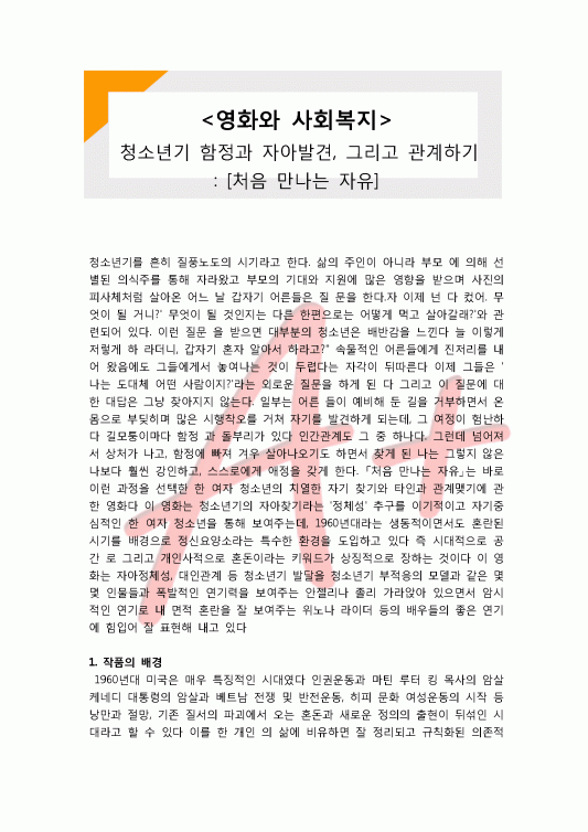 (시험대비) [영화와 사회복지] 청소년기 함정과 자아발견, 그리고 관계하기- 처음 만나는 자유