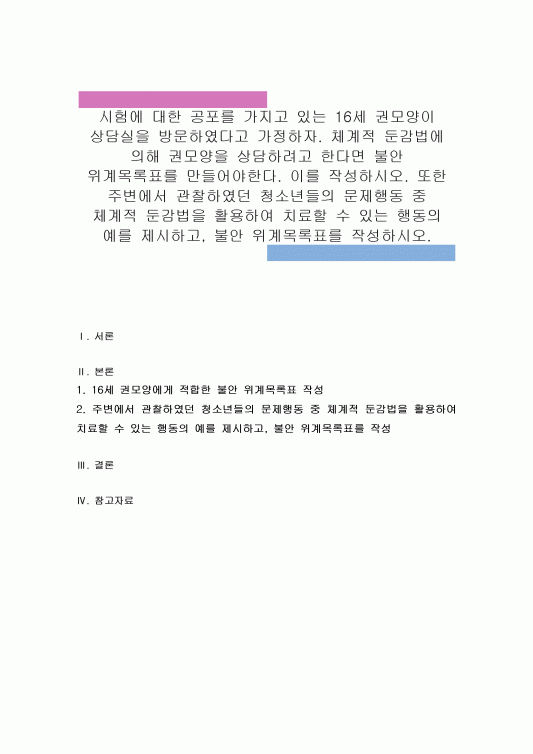 시험에 대한 공포를 가지고 있는 16세 권모양이 상담실을 방문하였다고 가정하자. 체계적 둔감법에 의해 권모양을 상담하려고 한다면 불안 위계목록표를 만들어야한다. 이를 작성하시오. 또한 주변에서 관찰하였던