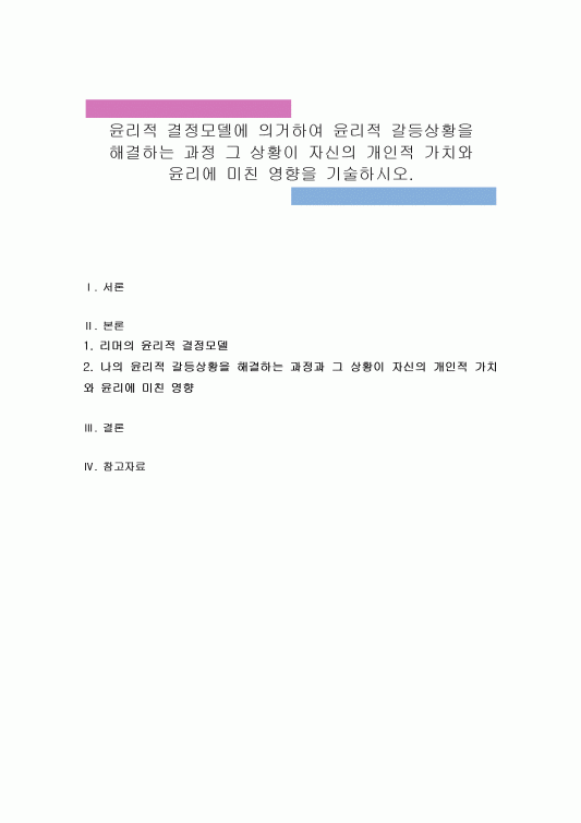 윤리적 결정모델에 의거하여 윤리적 갈등상황을 해결하는 과정 그 상황이 자신의 개인적 가치와 윤리에 미친 영향을 기술하시오