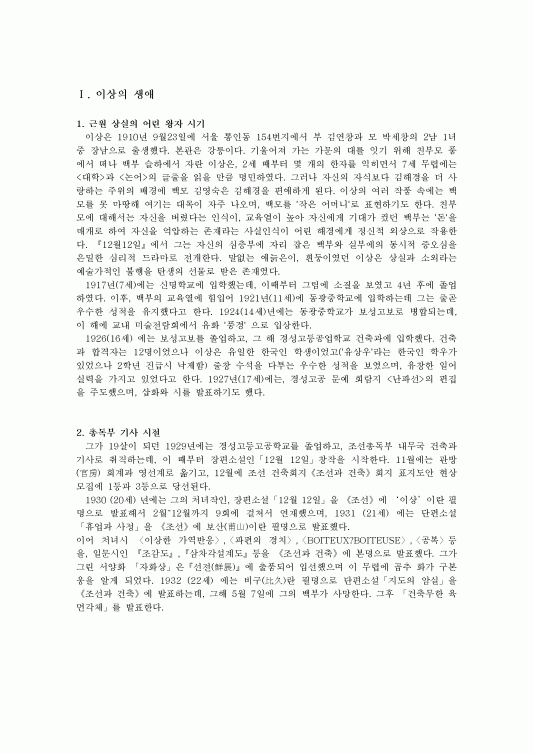 이상의 생애와 주요작품 줄거리