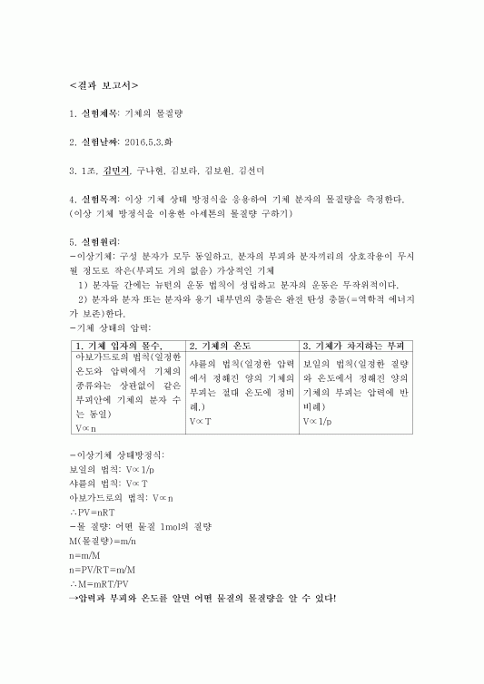 일반화학실험-기체의 몰질량