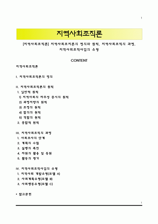 [지역사회조직론] 지역사회조지론의 정의와 원칙, 지역사회조직의 과정, 지역사회조직사업의 유형