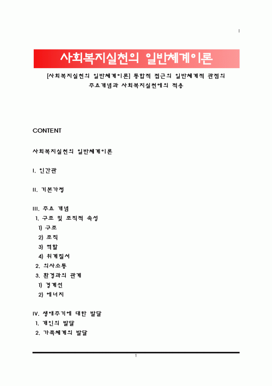 [사회복지실천의 일반체계이론] 통합적 접근의 일반체계적 관점의 주요개념과 사회복지실천에의 적용