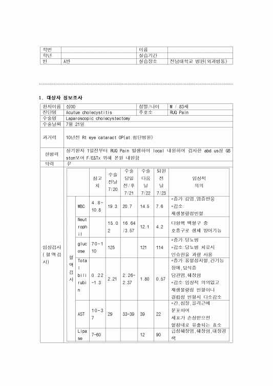 성인간호학 급성담낭염 실습케이스 스터디 자료입니다