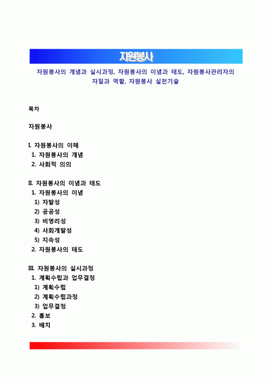자원봉사의 개념과 실시과정 자원봉사의 이념과 태도 자원봉사관리자의 자질과 역할 자원봉사 실천기술