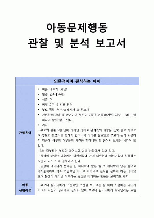 [생활지도] 아동문제행동 관찰 및 분석 보고서 - 의존적이며 편식하는 아이
