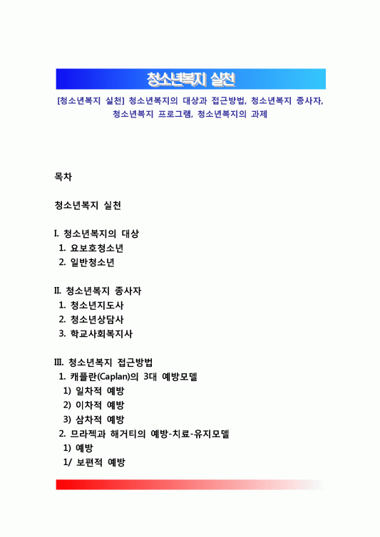 [청소년복지 실천] 청소년복지의 대상과 접근방법 청소년복지 종사자 청소년복지 프로그램 청소년복지의 과제