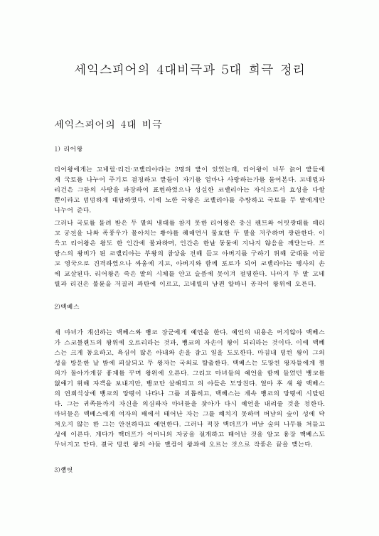 세익스피어의 4대비극과 5대 희극 정리