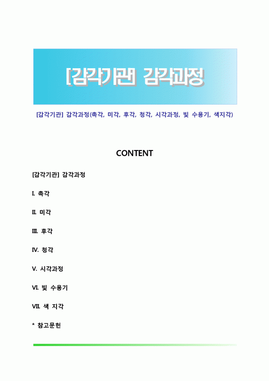 [감각기관] 감각과정(촉각 미각 후각 청각 시각과정 빛 수용기 색지각)