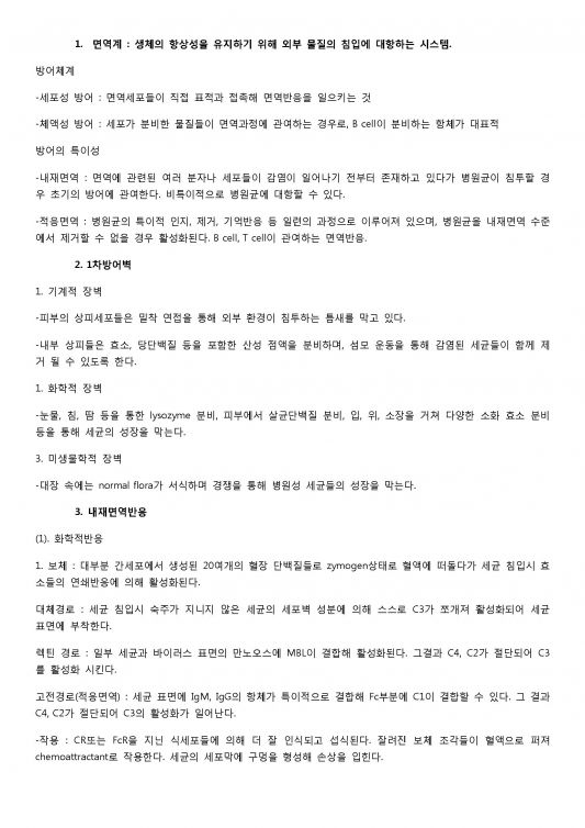 면역계 면역반응 보체계 cytokines 내재 및 적응면역계 항체 분류 MHC 등 개념적인 지식 및 mechanism 요약본