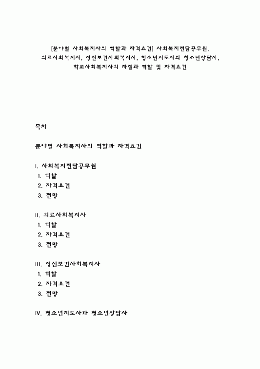 [분야별 사회복지사의 역할과 자격요건] 사회복지전담공무원 의료사회복지사 정신보건사회복지사 청소년지도사와 청소년상담사 학교사회복지사의 자질과 역할 및 자격요건