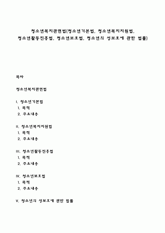청소년복지관련법(청소년기본법 청소년복지지원법 청소년활동진흥법 청소년보호법 청소년의 성보호에 관한 법률)