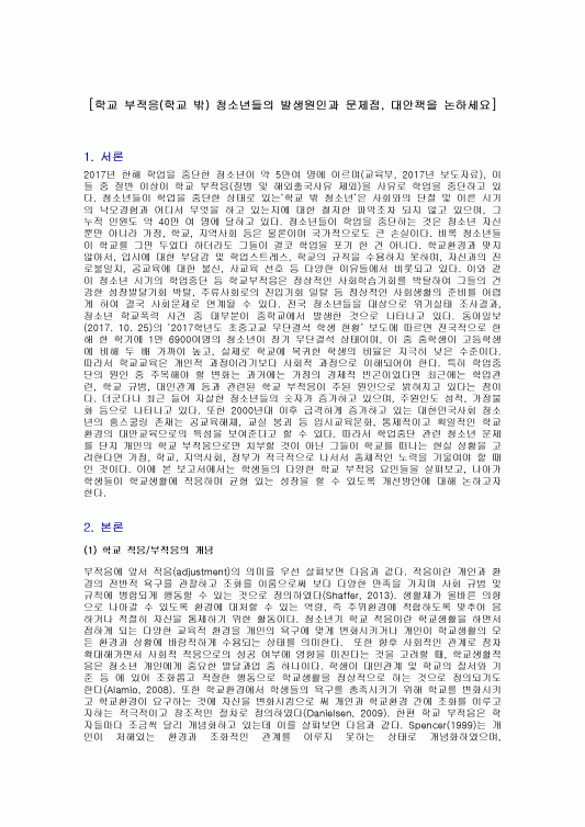 학교 부적응(학교밖) 청소년들의 발생원인과 문제점대안책을 논하세요