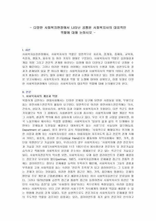 [사회복지] 다양한 사회복지현장에서 나타난 공통된 사회복지사의 대표적인 역할에 대해 논하시오