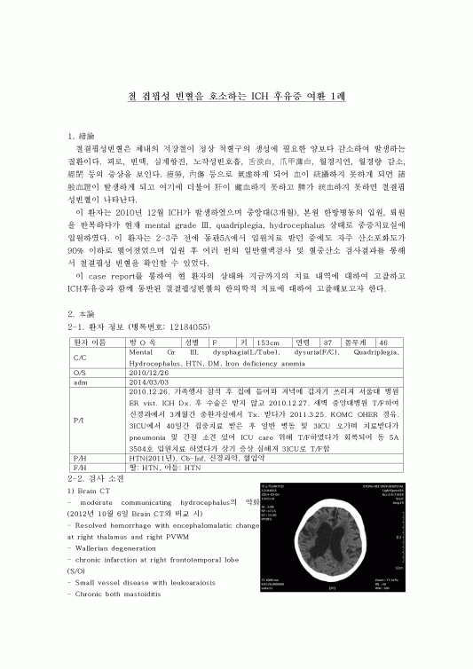 [동서협진과 CASE] 철 겹핍성 빈혈을 호소하는 ICH 후유증 여환 1례