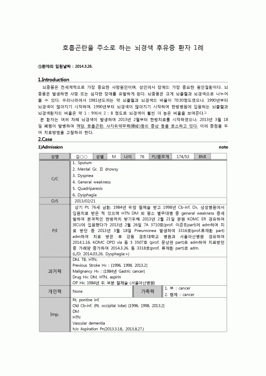 [동서협진과 CASE] 호흡곤란을 주소로 하는 뇌경색 후유증 환자 1례