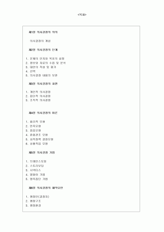 의사결정 [의의 개념 단계 개인적 집단적 조직적 합리적 모형 만족모형 점증모형 혼합관조 최적정책 상황적응 기법 제약요인]