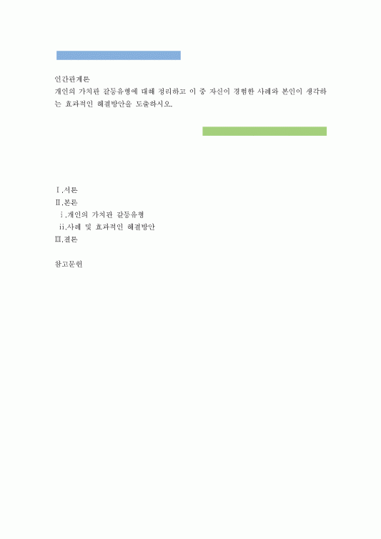 [인문과학] 인간관계론 ) 개인의 가치관 갈등유형에 대해 정리하고 이 중 자신이 경험한 사례와 본인이 생각하는 효과적인 해결방안을 도출하시오