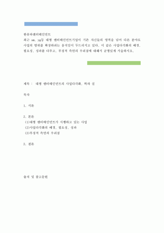 한류와엔터테인먼트 ) 최근 sm yg등 대형 엔터테인먼트기업이 기존 자신들의 영역을 넘어 다른 분야로 사업의 범위를 확장하려는 움직임이 두드러지고 있다