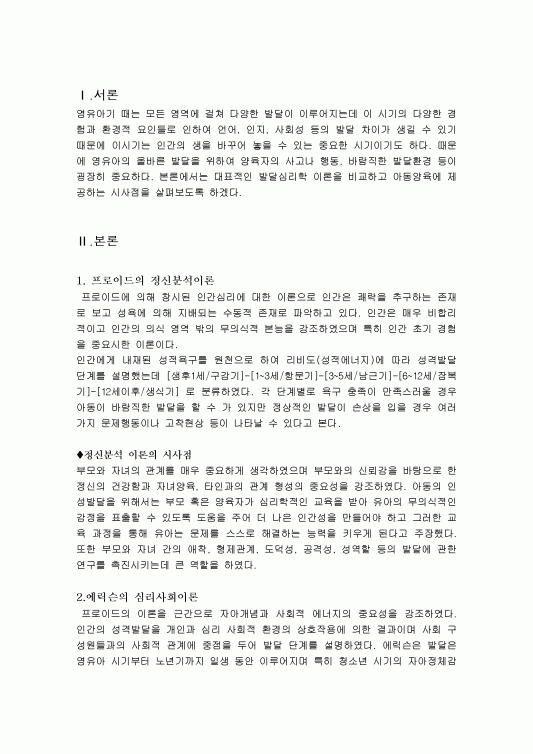 대표적인 발달심리학 이론을 비교하고 아동양육에 제공하는 시사점을 서술하시오