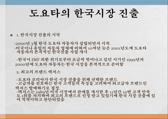 도요타의 한국시장한국시장 진출도요타의 역사한국도요타 마케팅 동향전시마케팅 역사서울모터쇼
