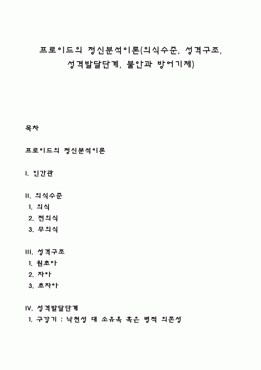 프로이드의 정신분석이론(의식수준 성격구조 성격발달단계 불안과 방어기제)