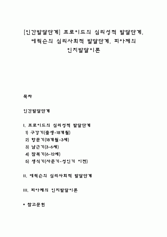 [인간발달단계] 프로이드의 심리성적 발달단계 에릭슨의 심리사회적 발달단계 피아제의 인지발달이론