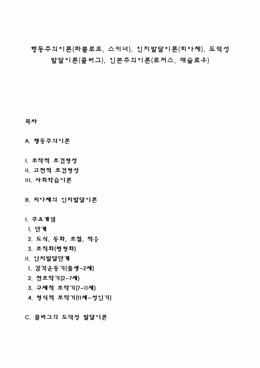 행동주의이론(파블로프 스키너) 인지발달이론(피아제) 도덕성 발달이론(콜버그) 인본주의이론(로저스 매슬로우)