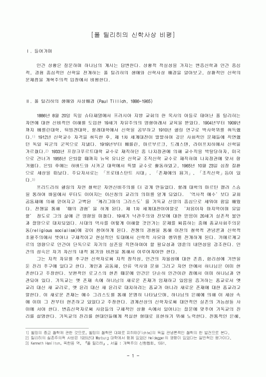 폴 틸리히의 신학사상 비평