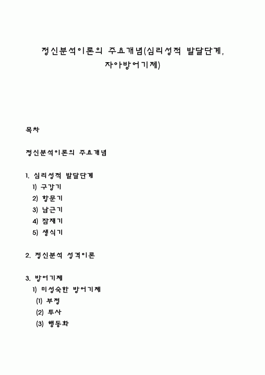 정신분석이론의 주요개념(심리성적 발달단계 자아방어기제)