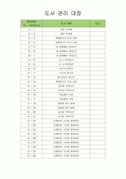 유아도서관리대장 (도서 관리 대장)